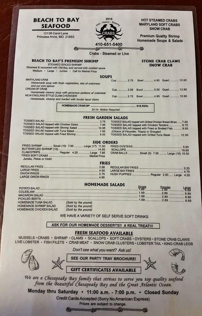 A menu that reads like a love letter to the Chesapeake Bay. When seafood is this fresh, fancy descriptions are just getting in the way.