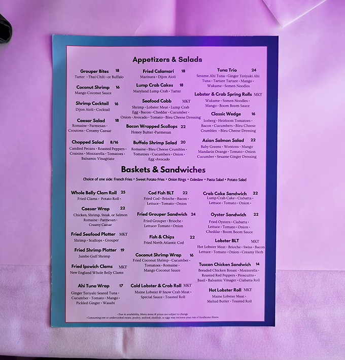 This menu isn't just a list of dishes &ndash; it's a treasure map to seafood nirvana with options that'll make decision-making deliciously difficult.
