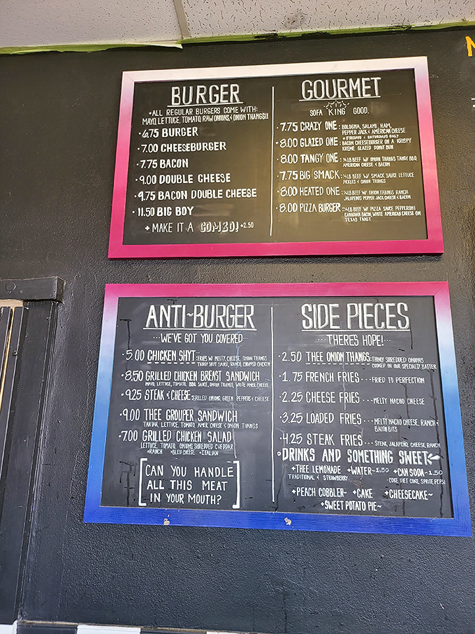 This menu isn't just a list&mdash;it's a roadmap to happiness. The "Can you handle all this meat in your mouth?" challenge awaits.