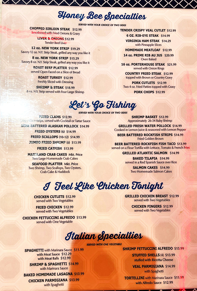 The menu reads like a love letter to American comfort food classics. "Let's Go Fishing" isn't just a section&mdash;it's an invitation to seafood paradise.