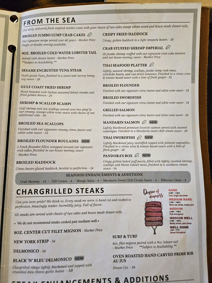 A menu that reads like a love letter to seafood lovers, with enough steak options to keep carnivores swooning.
