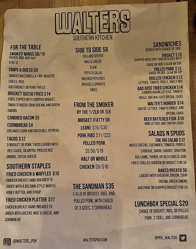 This menu isn't just a list&mdash;it's a roadmap to happiness. From brisket to chicken and waffles, Walter's doesn't just serve food; it serves memories.