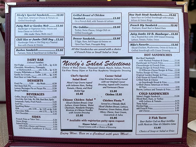The menu at Nicely's reads like a love letter to American comfort food. That Reuben sandwich listing? It's basically a treasure map.