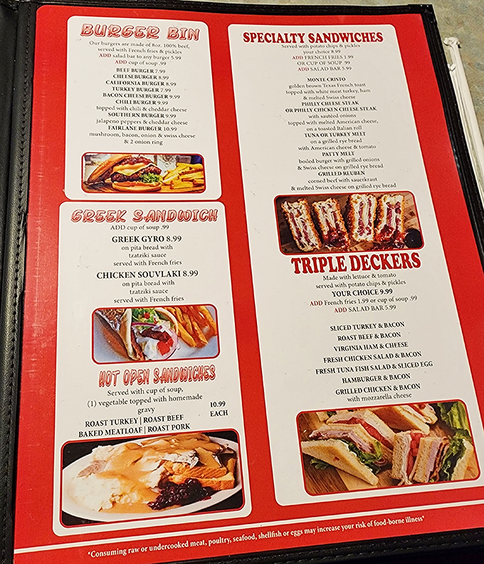 This menu isn't just offering food&mdash;it's presenting a roadmap to happiness, with the Triple Deckers section serving as the promised land.