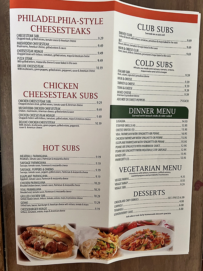 This menu isn't just a list of options&mdash;it's a roadmap to happiness. The cheesesteak section alone deserves its own zip code.