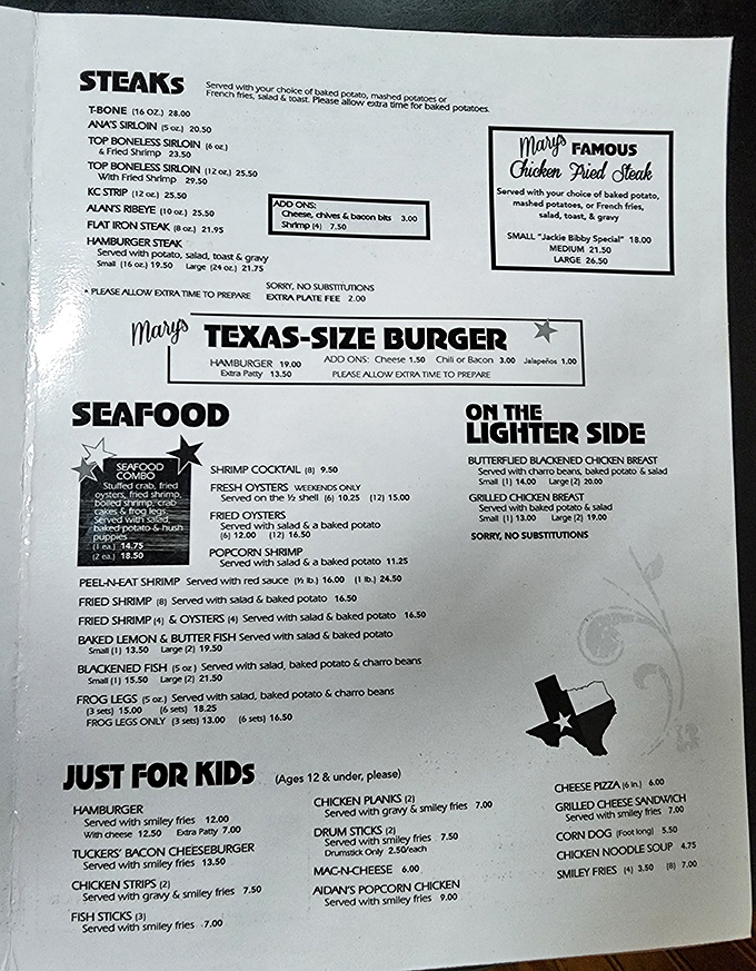The menu reads like a love letter to Texas comfort food. That "Famous Chicken Fried Steak" isn't just marketing&mdash;it's a legally accurate description.