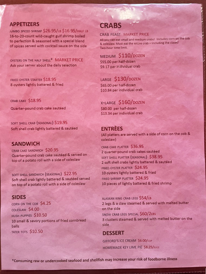 A menu that cuts right to the chase: crabs by size, classic sides, and not a foam or reduction in sight. This is seafood democracy at its finest.