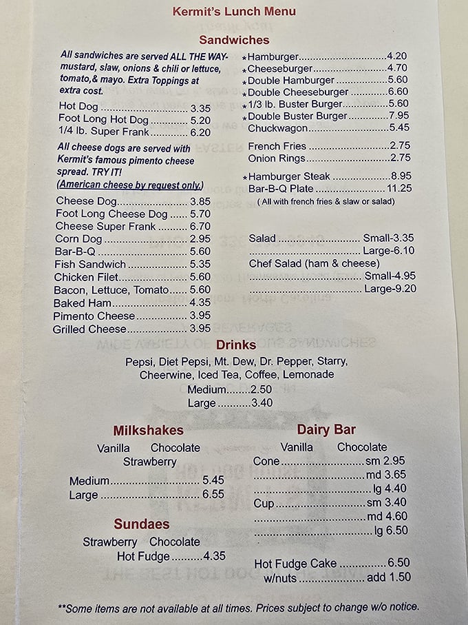This menu isn't just a list of food&mdash;it's a declaration of hot dog independence. The pimento cheese spread warning ("TRY IT!") isn't a suggestion, it's a life philosophy.