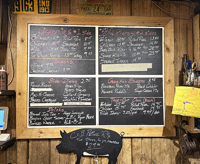 A menu board that cuts right to the chase: meat, sides, and the promise of happiness. That little pig silhouette knows exactly what you're thinking.