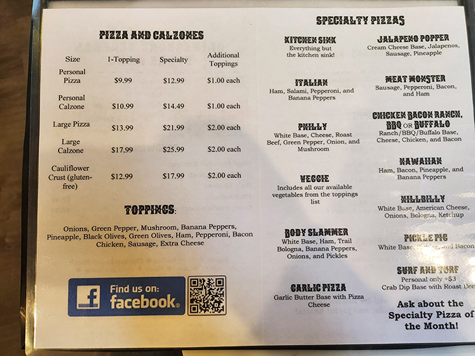 The menu reads like a love letter to comfort food, with specialty pizzas sporting names that make ordering feel like adopting a delicious new friend.