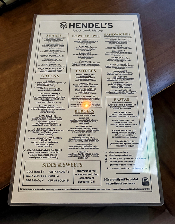 A menu that reads like a love letter to comfort food with an upscale twist. That salmon salad is calling your name from the "Greens" section!