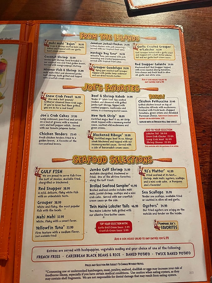 The menu reads like a love letter to the Gulf, with "Joe's Favorites" promising the kind of seafood experience worth crossing state lines for.
