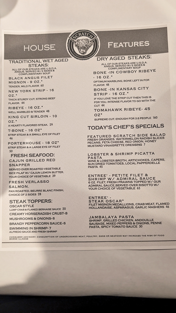 A menu that reads like a love letter to carnivores. The Tomahawk Ribeye could feed a small village&mdash;or one very determined steak enthusiast.