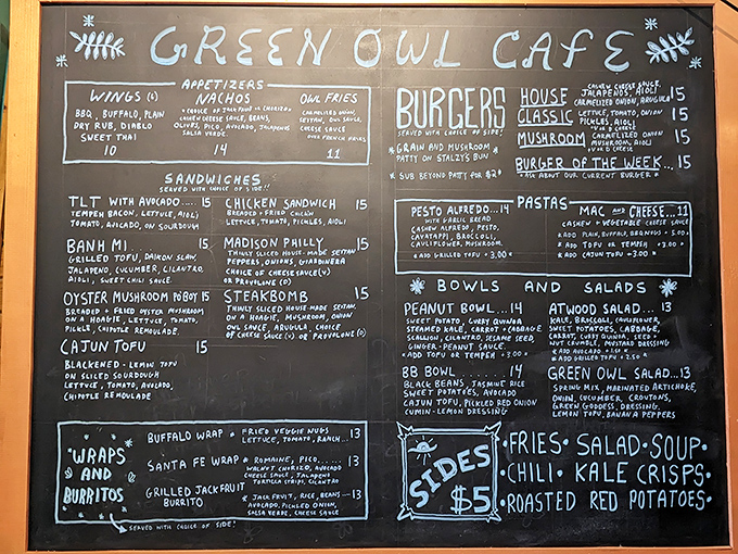 The chalkboard menu reads like a love letter to vegetarian comfort food&mdash;notice the Madison Philly holding court among the sandwiches.