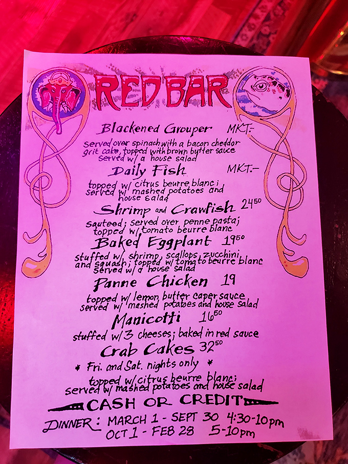 The handwritten pink menu changes with the Gulf's generosity, a refreshing commitment to freshness that makes decision paralysis a delicious dilemma.