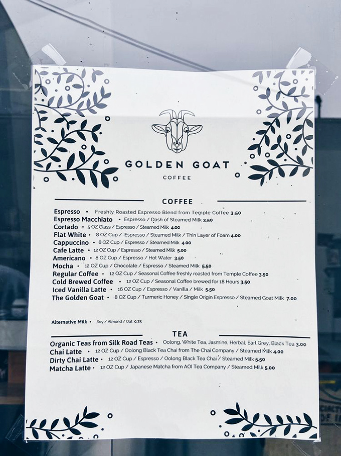A menu that reads like poetry to coffee lovers. Temple Coffee beans, goat milk options, and that signature Golden Goat drink&mdash;turmeric, honey, and espresso that'll make you rethink everything.