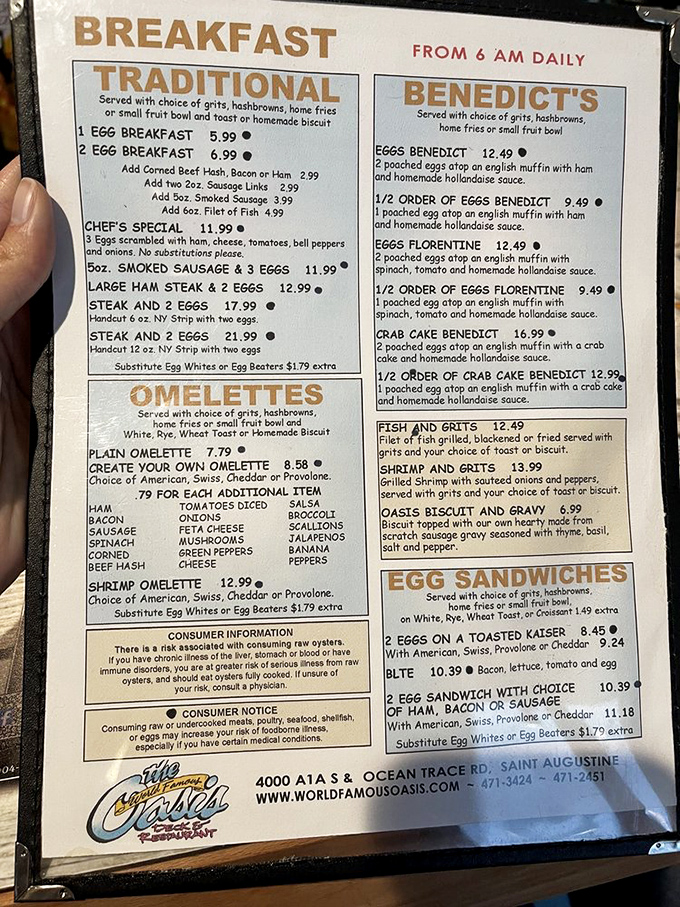 This breakfast menu isn't just food&mdash;it's a roadmap to happiness. The Eggs Benedict section alone deserves its own zip code.