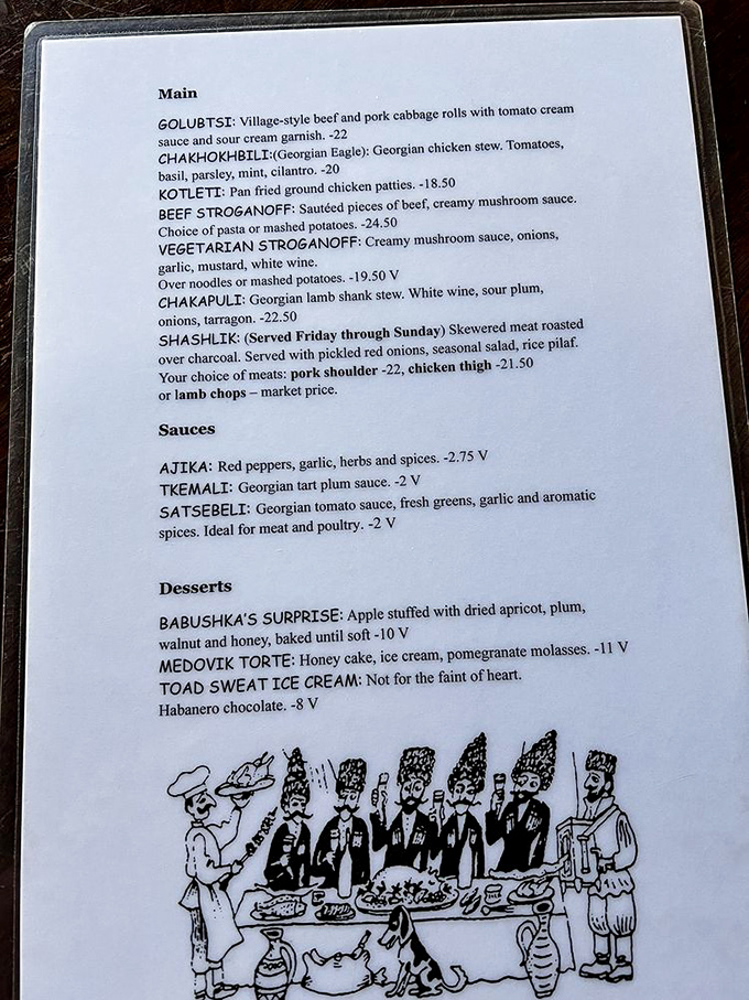 This menu reads like a delicious geography lesson. Golubsti, Chakhokhbili, and "Toad Sweat Ice Cream" – adventure awaits the brave and hungry.