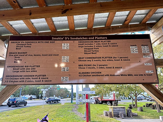 The menu board tells a simple story: pick your meat, pick your sides, prepare for joy. No fancy descriptions needed when the food speaks for itself.