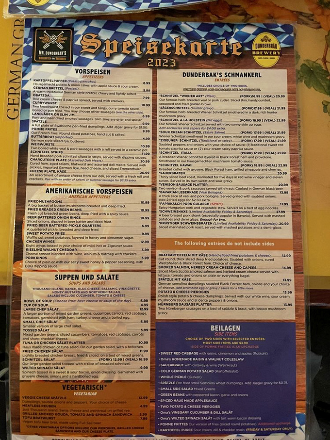 The "Speisekarte" isn't just a menu&mdash;it's a treasure map where X marks the schnitzel. Adventure awaits between these blue-checkered borders.