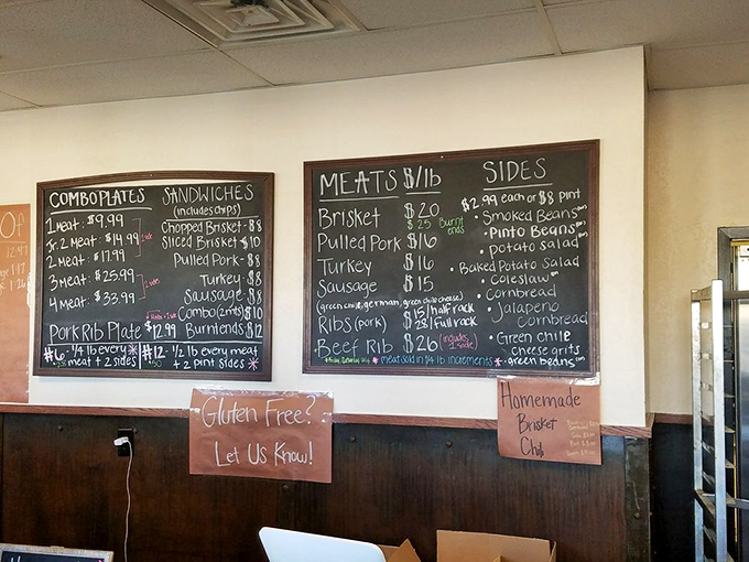 The chalkboard menu tells you everything you need to know about life's priorities: meat first, sides second, and gluten-free options for everyone.