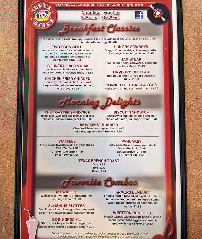 This menu isn't just a list of food &ndash; it's a roadmap to happiness. The "Hungry Cowboys" breakfast might require stretchy pants, but who's judging?