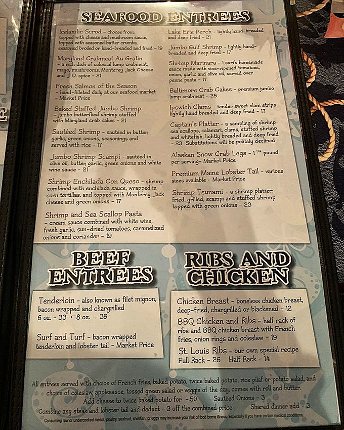 A menu that reads like a coastal dream sequence. From Lake Erie perch to Maryland crab, each description makes your stomach growl in anticipation.