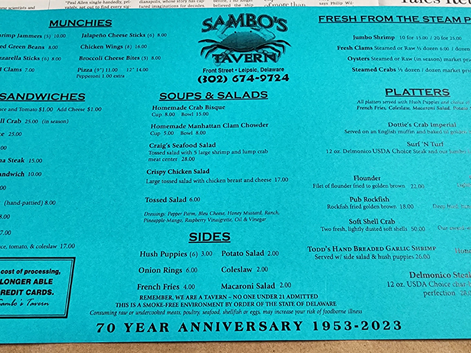 A menu that reads like a love letter to the Delaware Bay, celebrating seven decades of seafood traditions that locals have treasured since the Eisenhower era.