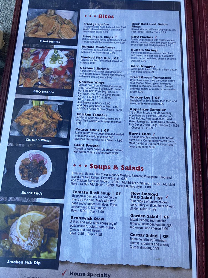 Reading this menu is like getting a love letter from meat. The "Burnt Ends" description alone might make you propose marriage to your server.