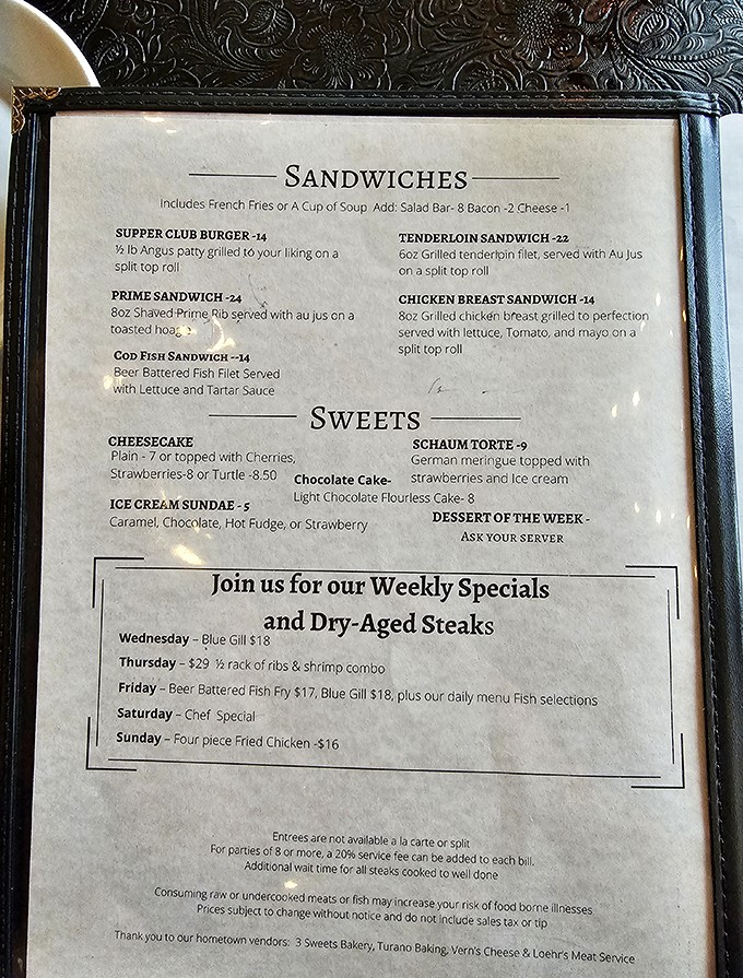 This menu reads like a love letter to Wisconsin classics. The weekly specials section is where the magic happens!