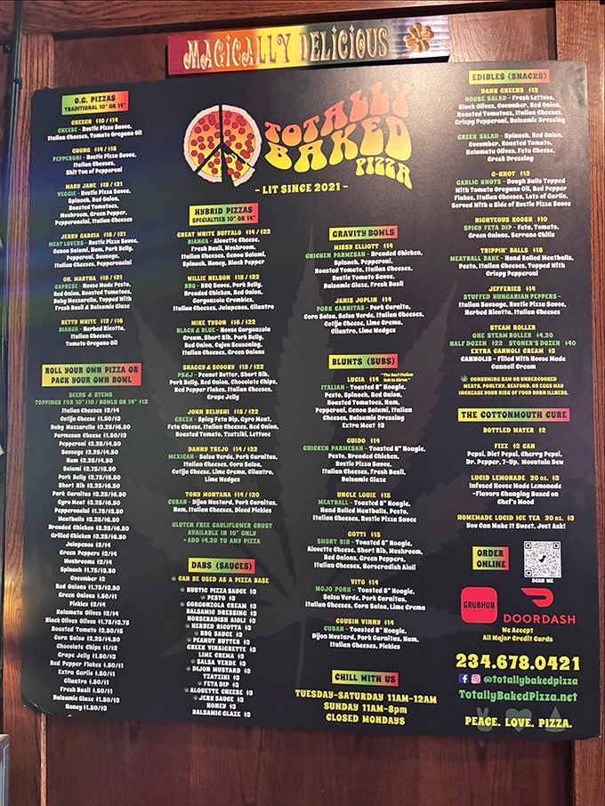 The menu reads like a rock festival lineup, with pizza headliners named after music legends. Decision paralysis has never been so delicious.