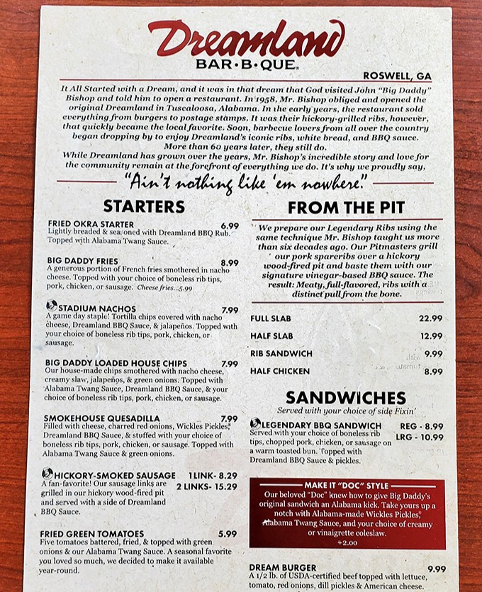 The menu tells the Dreamland story—from humble Alabama beginnings to BBQ legend. Each item promises a journey through Southern smoking traditions with their signature twang.