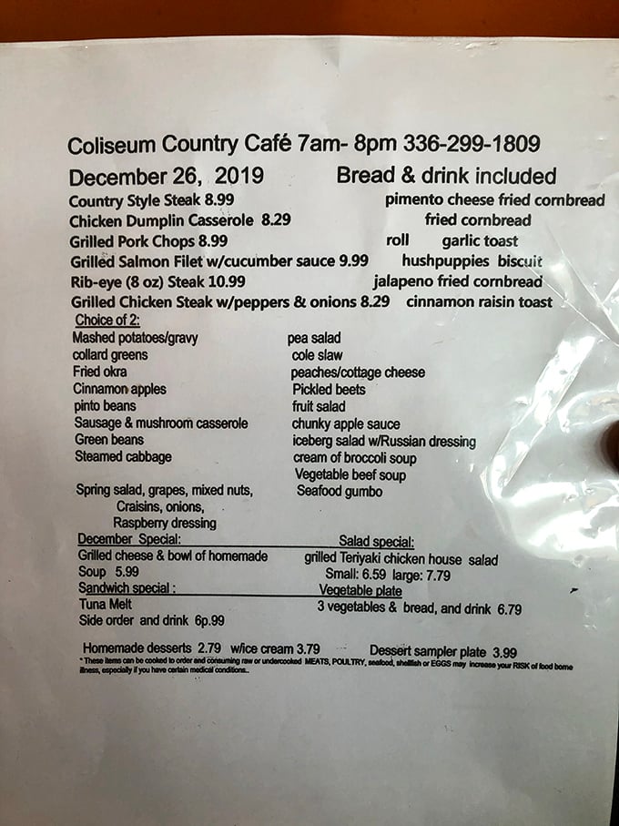 A menu that reads like a love letter to Southern cooking. No fancy descriptions needed when the food speaks this eloquently for itself.