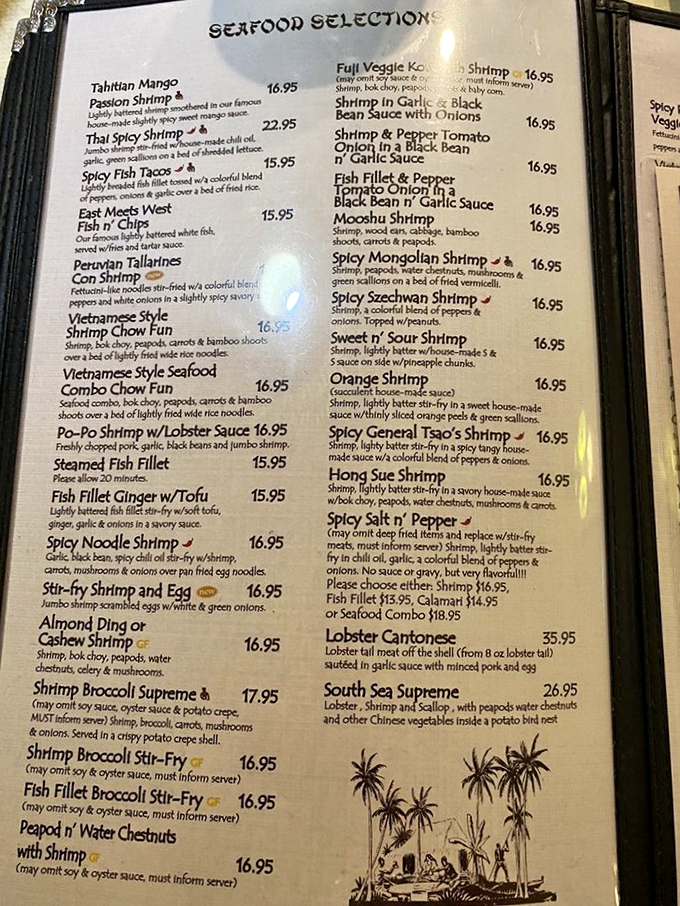 The seafood menu reads like a Pacific cruise itinerary. Each dish promises its own mini-vacation from the everyday.