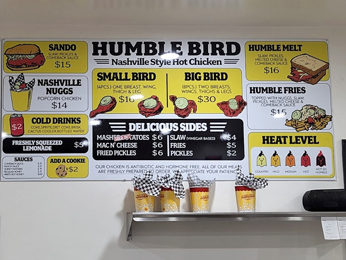 The menu board tells a spicy story&mdash;from "Country" (no heat) to "Humble Heat" (possibly life-altering)&mdash;with all the crispy, juicy possibilities in between.