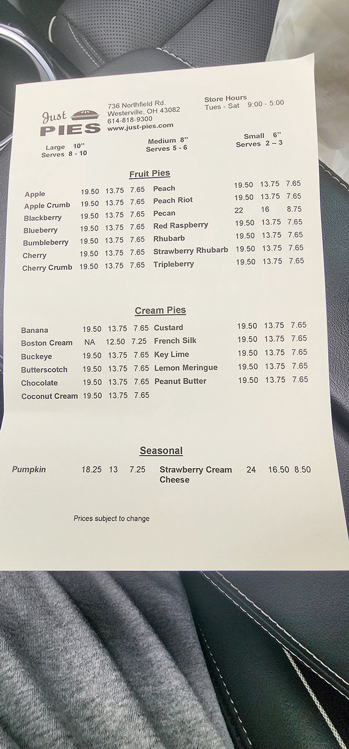 The menu reads like poetry for dessert lovers. Notice how they don't waste precious space on anything but pie perfection.