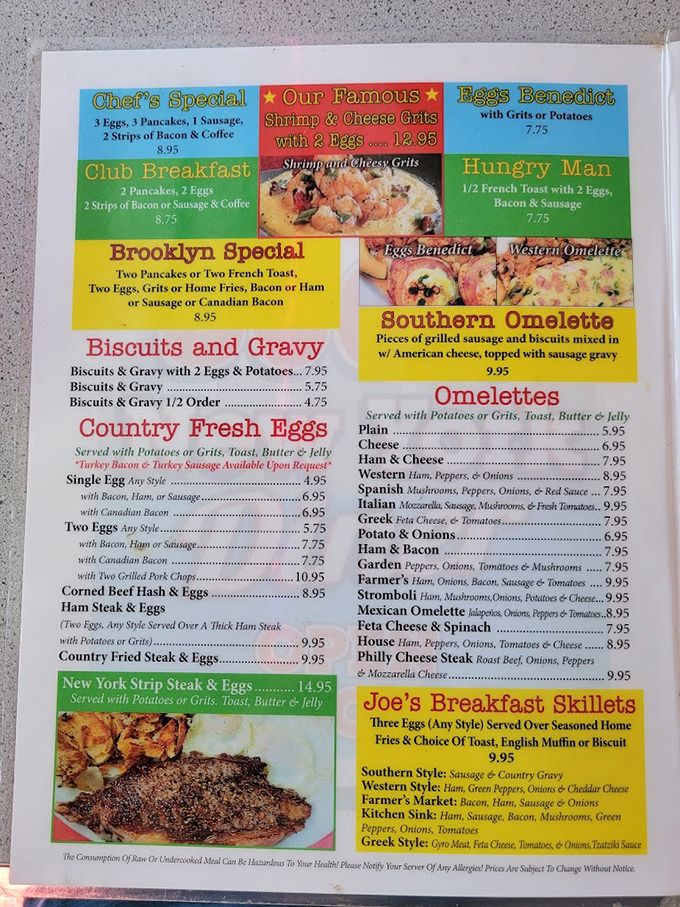 A menu that reads like a love letter to breakfast classics. The "Hungry Man" French toast isn't just a meal, it's a commitment.