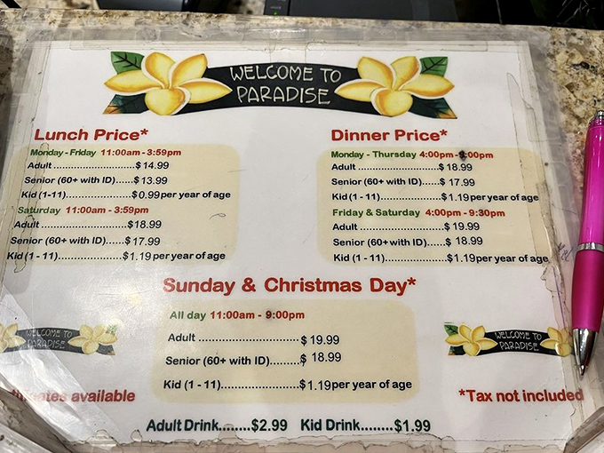 The menu board&mdash;a roadmap to paradise with different price points for different appetites. Notice how they charge kids by age? Genius!