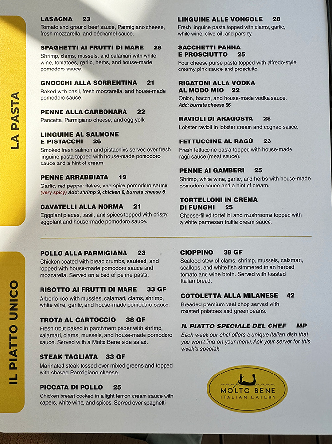 Menu poetry for hungry souls. Each dish tells a story of Italian tradition, from the humble Penne Arrabbiata to the show-stopping Cioppino.