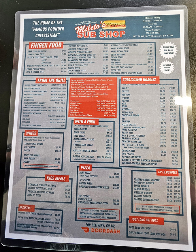 This menu isn't just a list—it's a roadmap to happiness. The "Famous Pounder Cheesesteak" isn't just a name; it's a promise they've kept for decades.