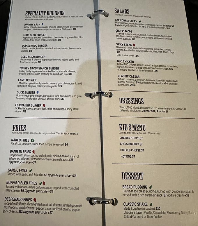 This menu isn't just a list of options&mdash;it's a roadmap to flavor country. The Johnny Cash burger? It'll have you singing "Ring of Fire."