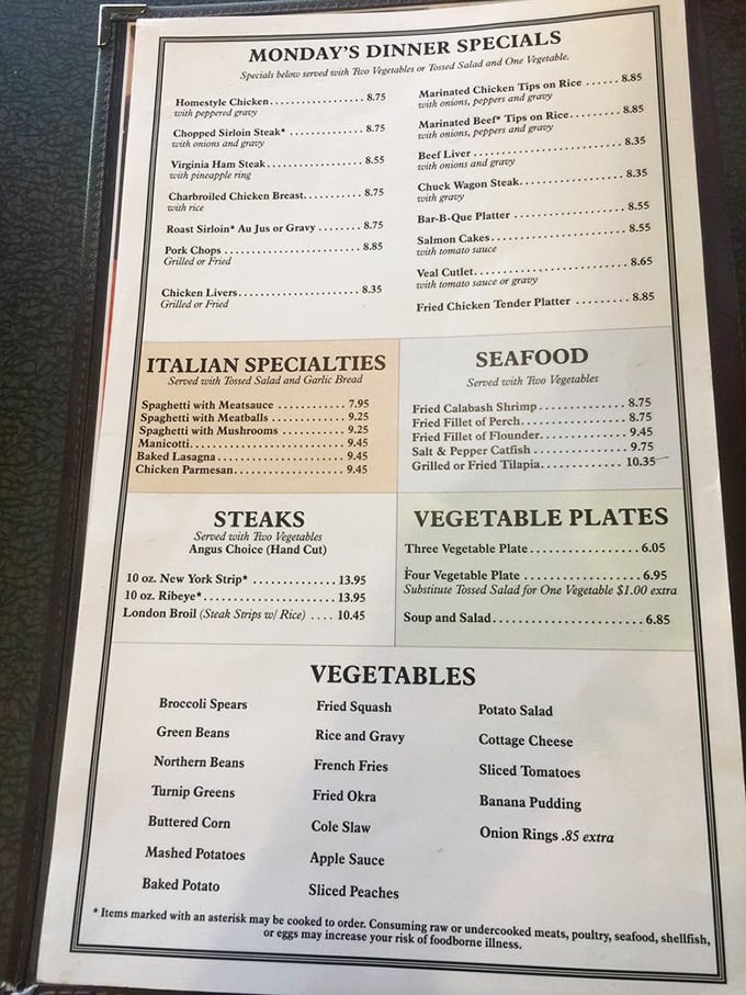 This menu reads like a love letter to American comfort food. The daily specials alone could keep you coming back all week.