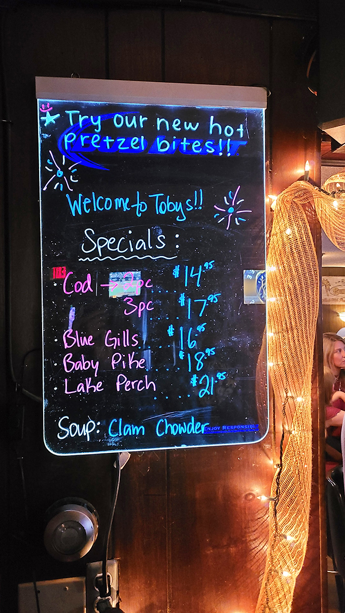 The illuminated specials board at Toby's is Wisconsin's version of fine literature &ndash; a glowing testament to the lake-to-plate philosophy that makes Friday nights sacred.