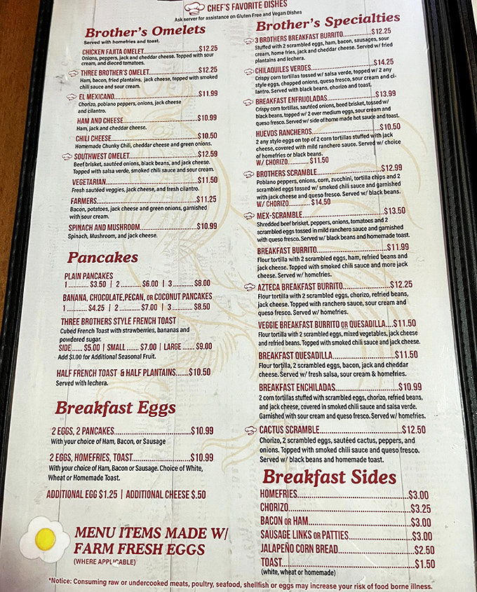 The menu reads like a love letter to breakfast classics, with that legendary French toast hiding in plain sight among the pancake offerings.