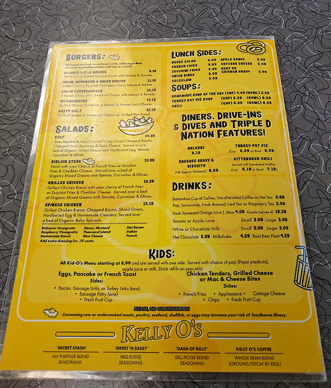 The golden-hued menu reads like a love letter to American comfort food, with Pittsburgh specialties making surprise appearances throughout.