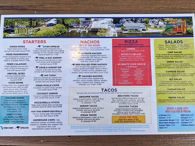 This menu isn't trying to impress food critics&mdash;it's trying to make you happy. And with grouper tacos, gator bites, and "Ahi Tuna," mission accomplished.