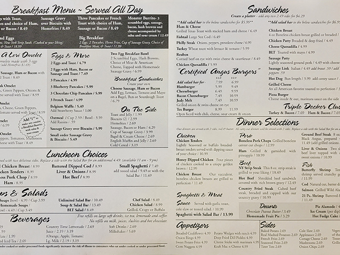 The menu reads like a love letter to American comfort food classics, with breakfast served all day—because pancakes know no timeline.