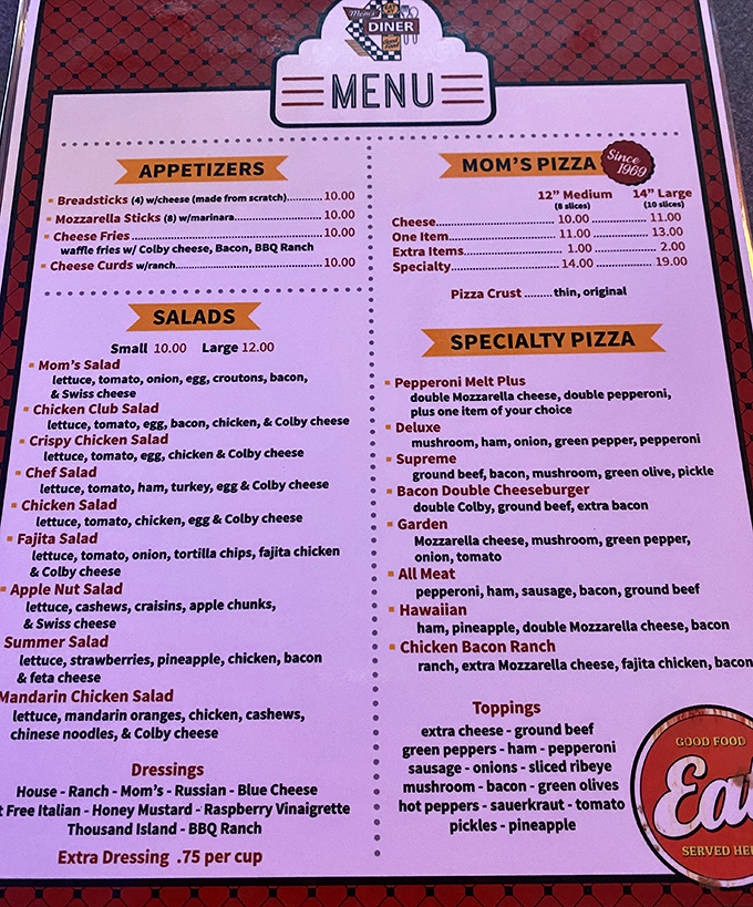 A menu that doesn't need fancy fonts to impress&mdash;just honest offerings from pizza to salads that would make your grandmother nod in approval.