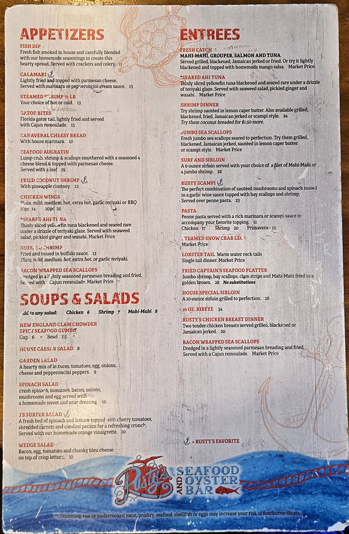 This menu isn't just a list of dishes—it's a treasure map where X marks the spot for seafood nirvana.