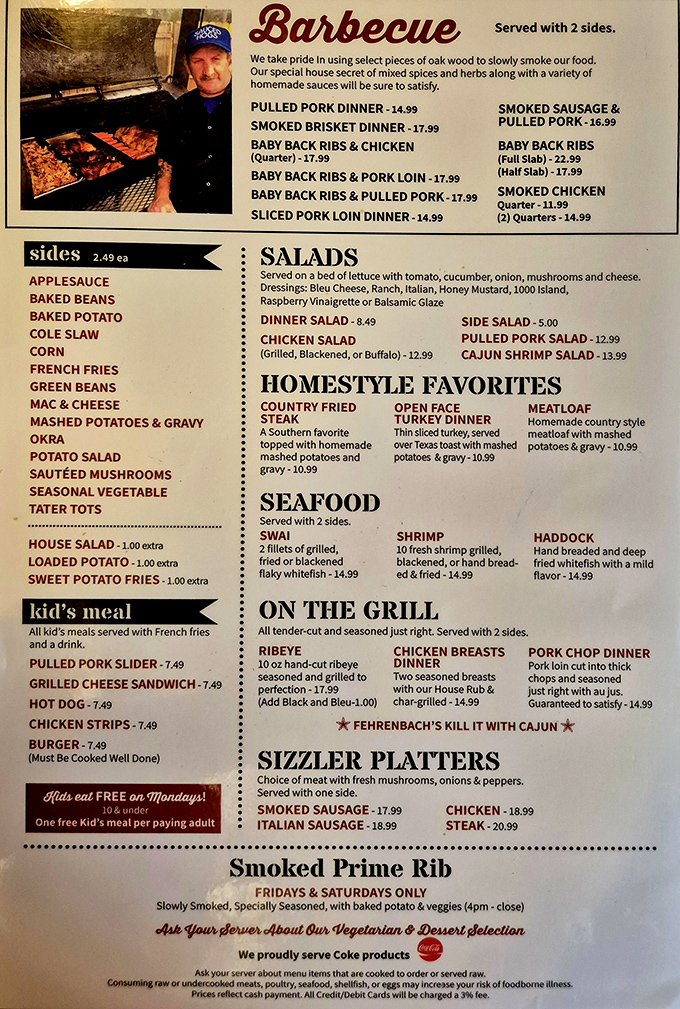 The menu reads like a love letter to smoked meats. Notice they don't waste precious space on fancy descriptions&mdash;they let the oak-smoked goodness speak for itself.